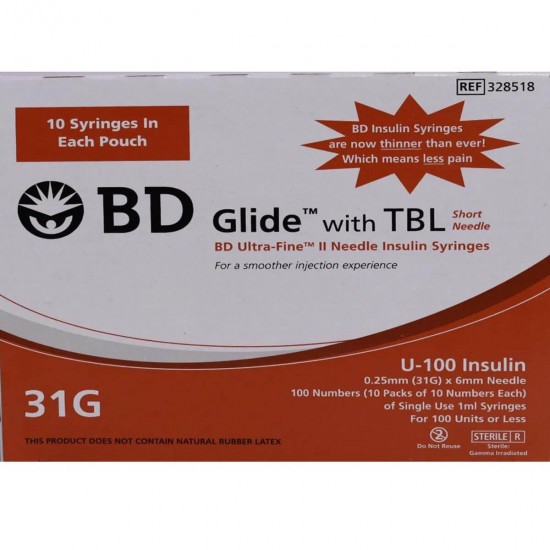 BD Glide Ultra-Fine II Insulin Syringes 1ML U-100 31gx6mm (Pack of 10 ...
